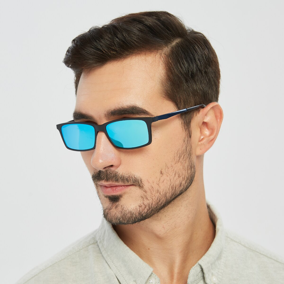 Matthew Rectangle Blue(Blue Mirror-coating) Semi-Rimless Metal ...